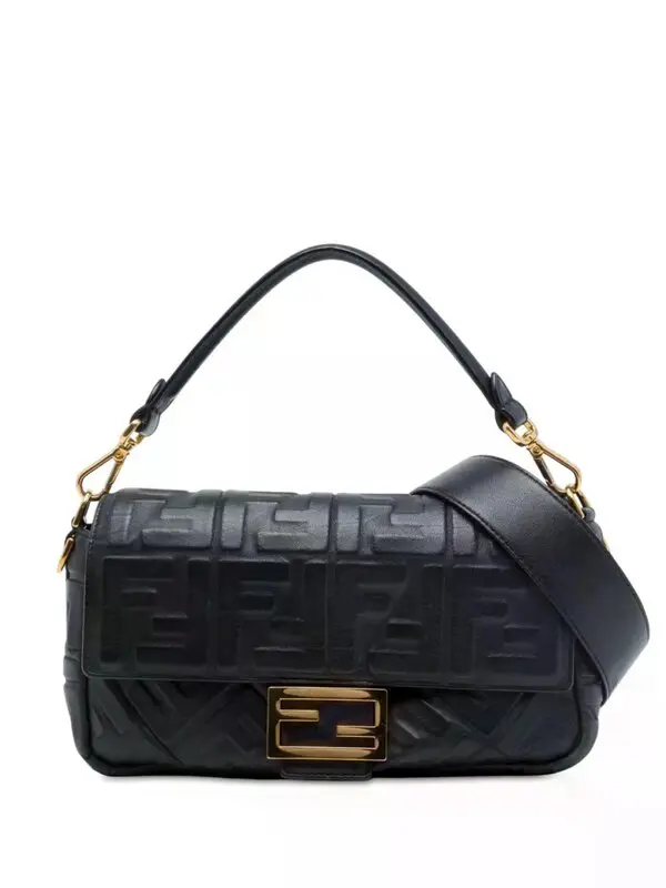 Fendi Zucca Embossed Leather Baguette Satchel - Black