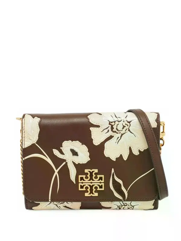 Tory Burch Britten Floral Leather Clutch With Gold-tone Hardware - Brown