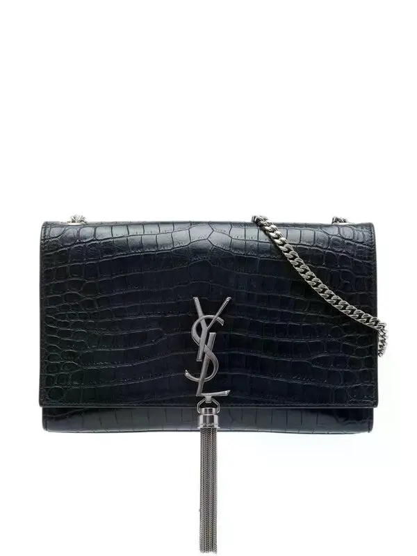 Saint Laurent 2017 Medium Croc Embossed Leather Monogram Kate Tassel Crossbody Bag - Black