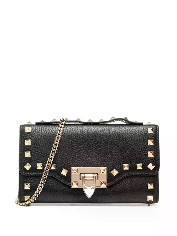 Valentino Garavani 2018-2026 Pebbled Calfskin Rockstud Flip Lock Wallet On Chain Satchel - Black