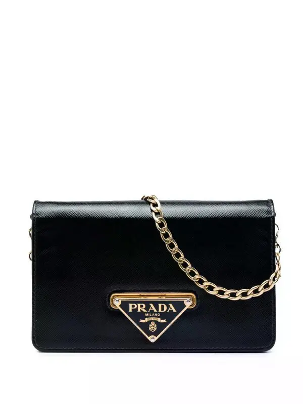 Prada Saffiano Vernice Flip Lock Wallet On Chain Clutch Crossbody Bag - Black