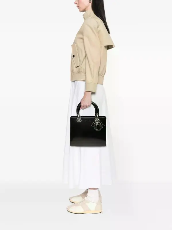 Dior Medium Lady Satchel In Glazed Calfskin - Black