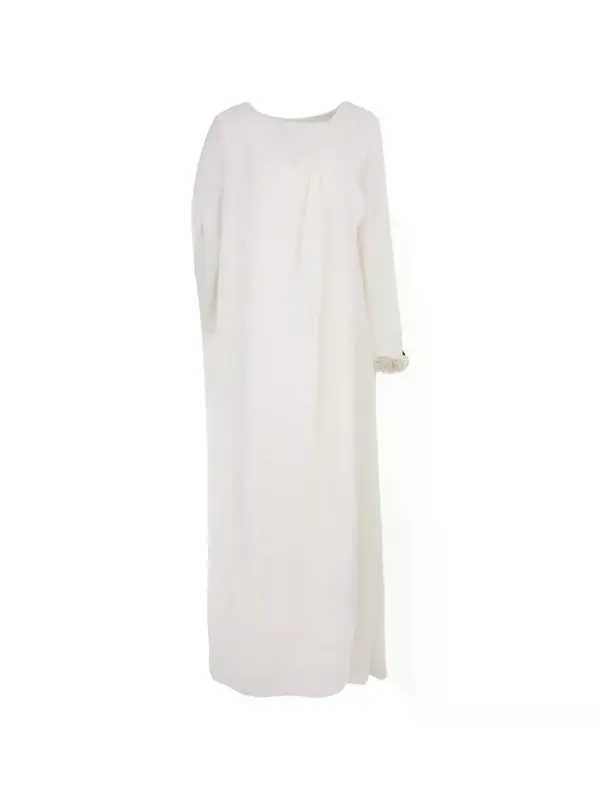 LOODYANA Embroidered Asymmetric Sleeve Maxi Dress - White