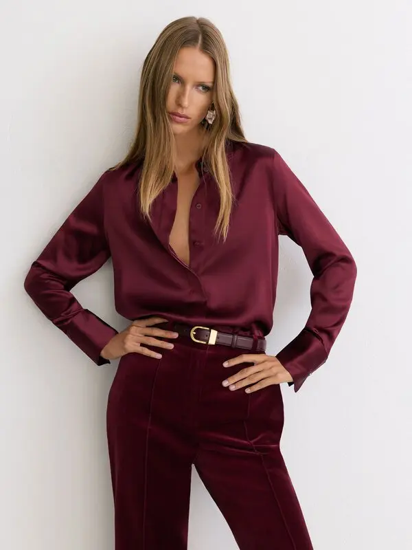 REISS Ameira Silk-satin Concealed-placket Shirt - Red