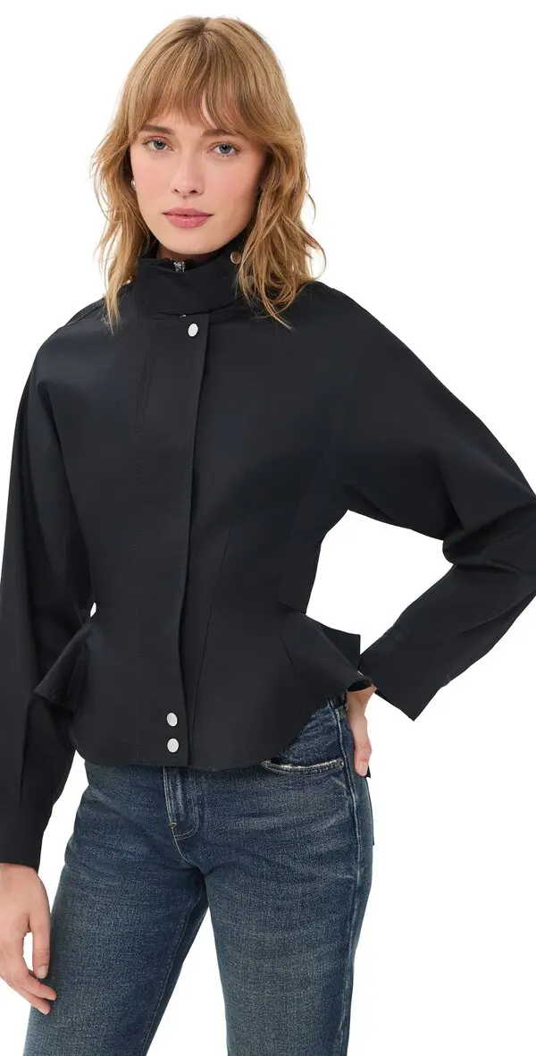 Staud Archie Jacket With Peplum Hem And Leather Trim - Black