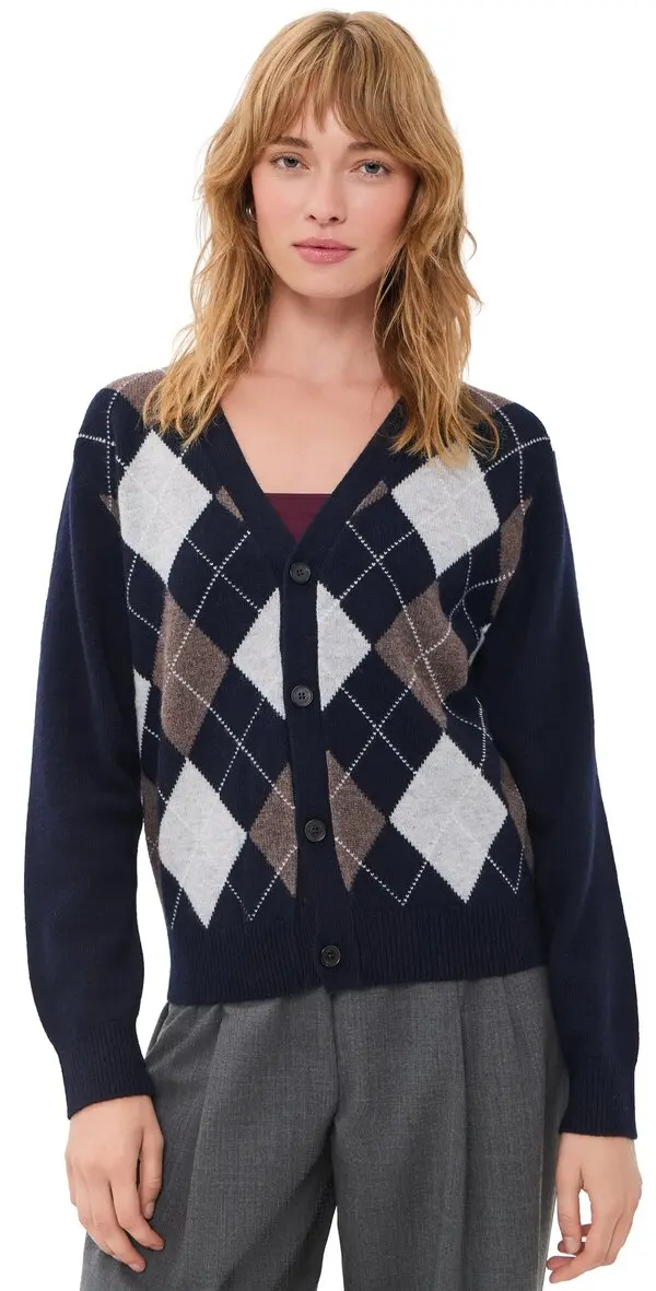 DUNST V-neck Argyle Cardigan - Navy