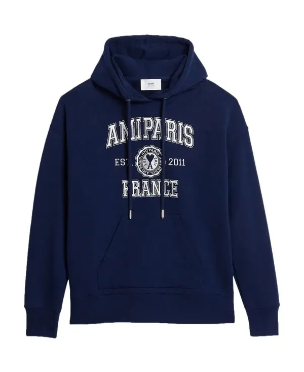 AMI Paris Logo-printed Long-sleeved Drawstring Hoodie - Black