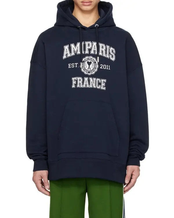 AMI Paris Logo-printed Long-sleeved Drawstring Hoodie