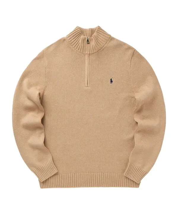 Polo Ralph Lauren Quarter Zip Ribbed Knit Sweater With Embroidered Pony - Camel