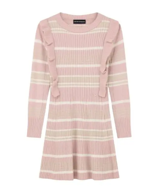ARMANI Ribbed Knit Dress With Horizontal Stripes And Ruffles - Nude