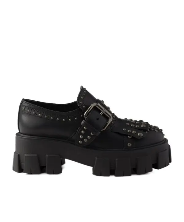 Prada Monolith Studded Leather Loafers - Black