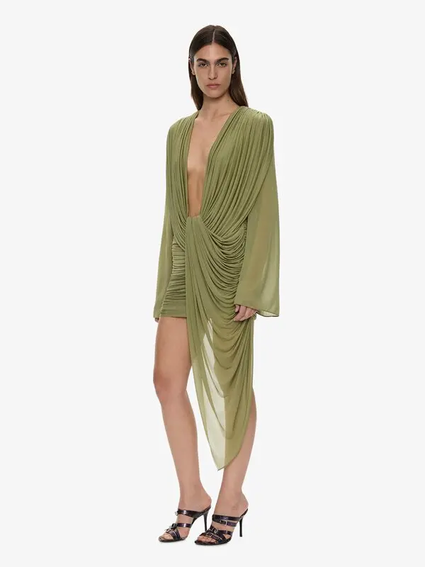 Christopher Esber Ripple Drape Long Sleeve Mini Dress - Fennel