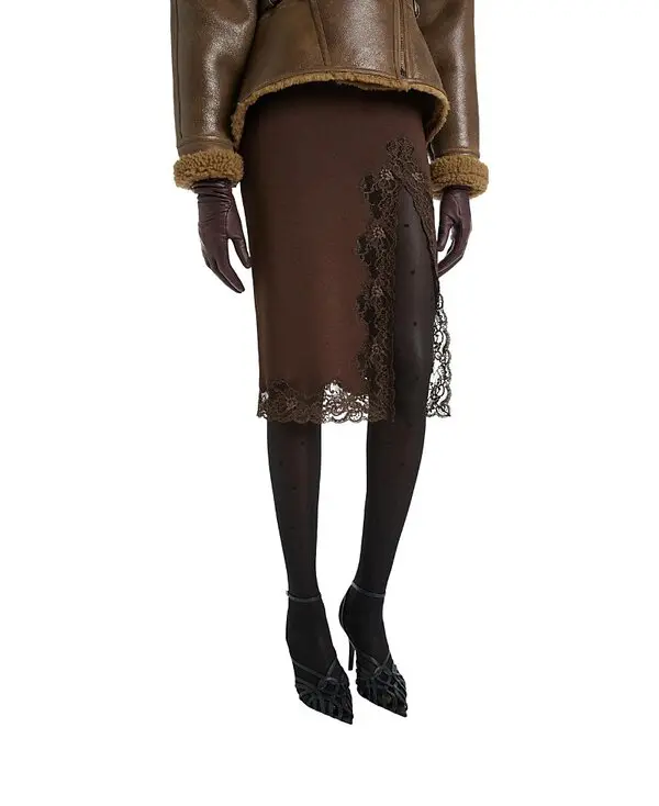 Balmain Knit Midi Skirt With Lace - Brown