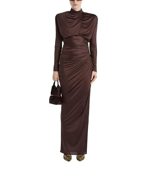 Balmain Long Sleeve Draped Jersey Maxi Dress