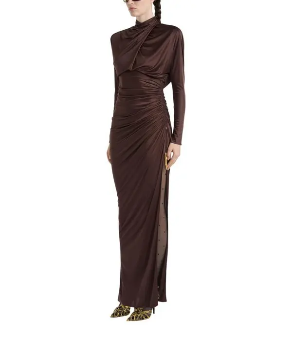 Balmain Long Sleeve Draped Jersey Maxi Dress