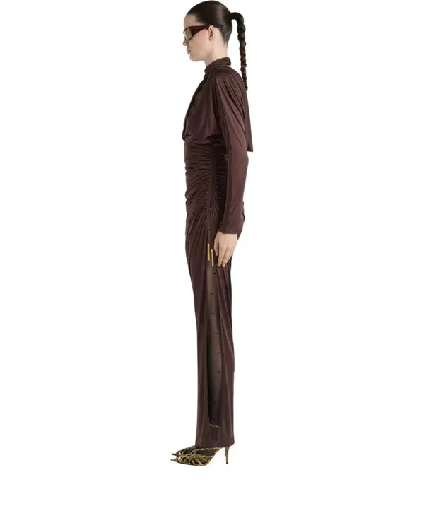Balmain Long Sleeve Draped Jersey Maxi Dress