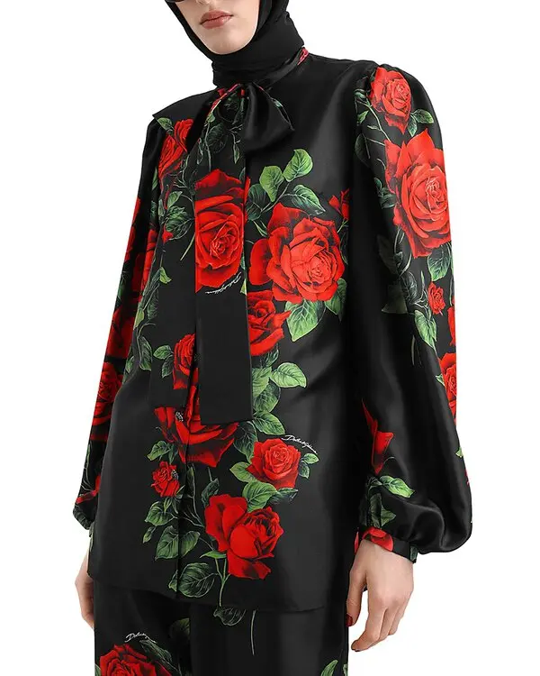 Dolce & Gabbana Rose Print Silk Tie Neck Blouse - Multicolor