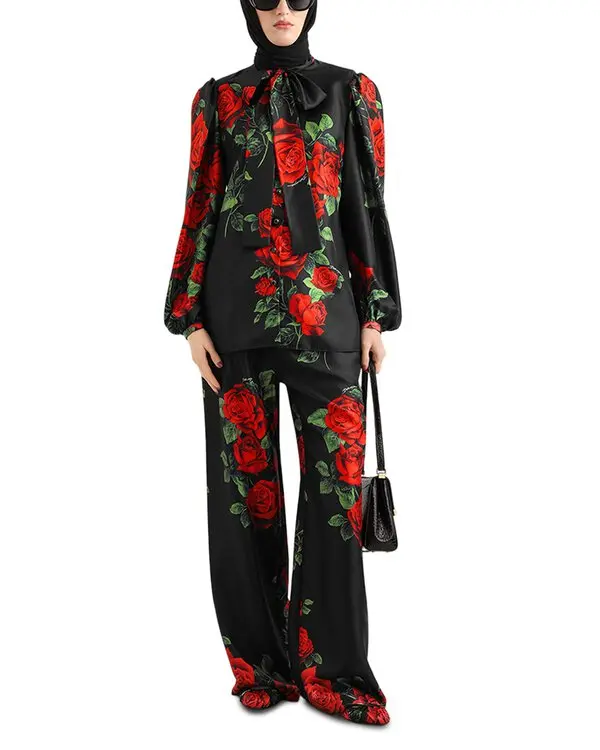 Dolce & Gabbana Rose Print Silk Tie Neck Blouse