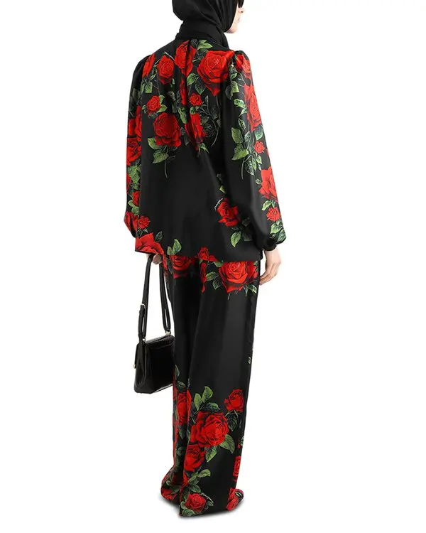 Dolce & Gabbana Rose Print Silk Tie Neck Blouse