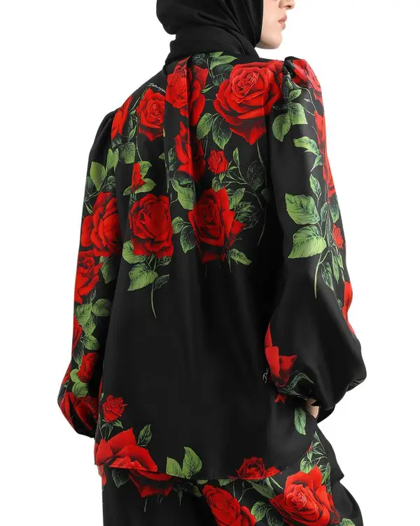 Dolce & Gabbana Rose Print Silk Tie Neck Blouse