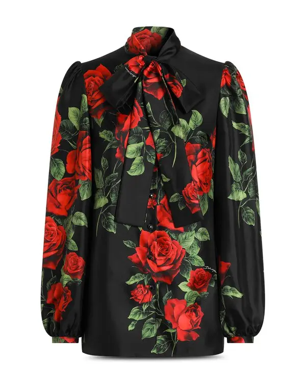 Dolce & Gabbana Rose Print Silk Tie Neck Blouse