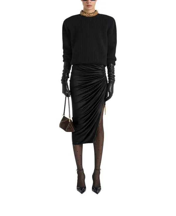 Balmain Flowing Jersey Midi Skirt With Slit - Black