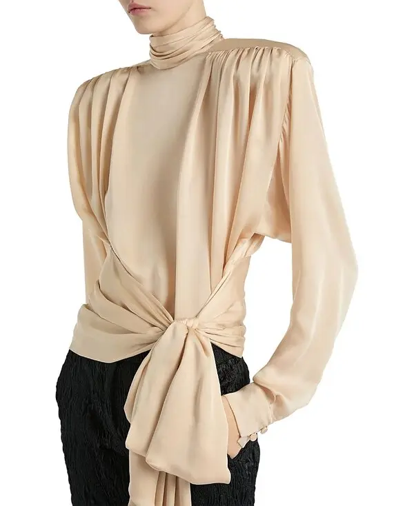 Balmain Silk Chiffon Blouse With Padded Shoulders And Tie - Beige