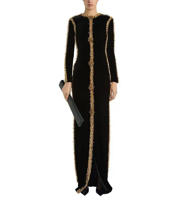 Balmain Long Velvet Dress With Embroidered Trim
