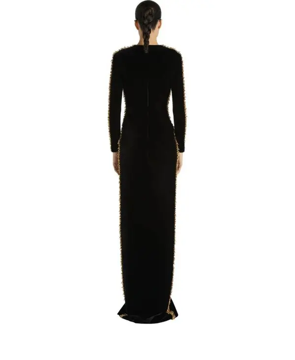 Balmain Long Velvet Dress With Embroidered Trim