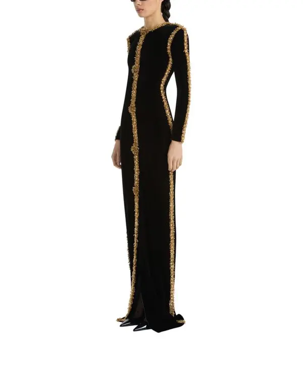 Balmain Long Velvet Dress With Embroidered Trim