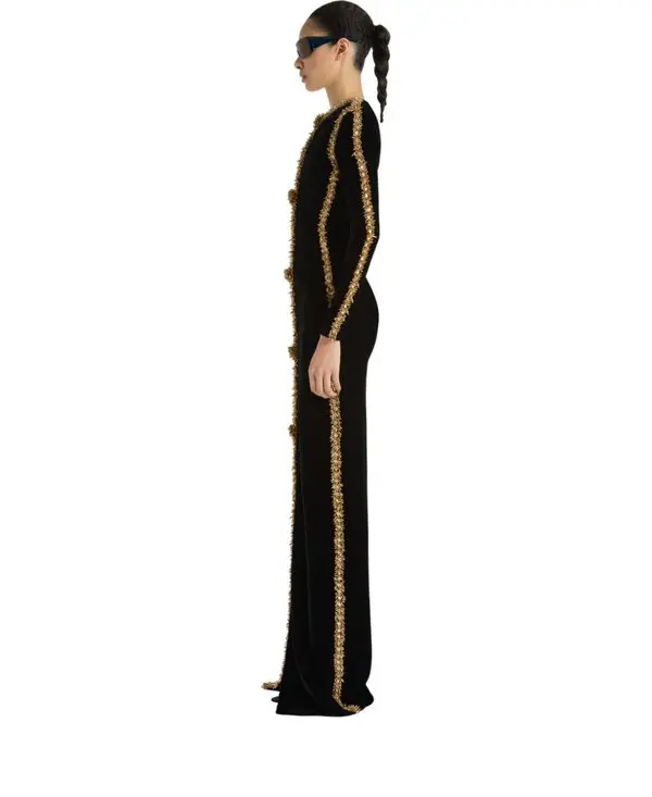 Balmain Long Velvet Dress With Embroidered Trim