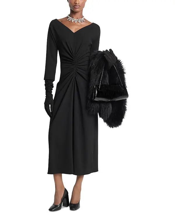 Michael Kors Portrait Neck Ruched Bracelet Sleeve Dress - Black