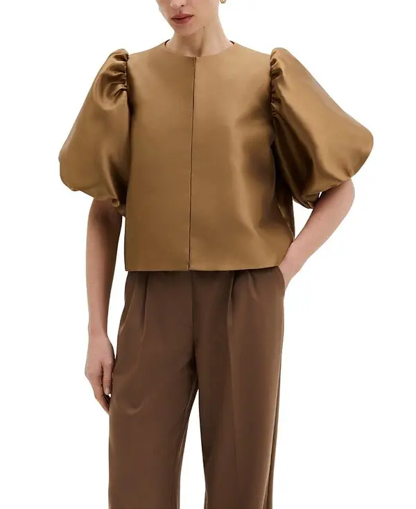 MALINA Cleo Puff Sleeve Satin Blouse - Camel