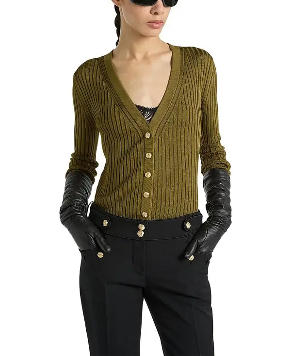Balmain Buttoned Ribbed Knit Cardigan - Green