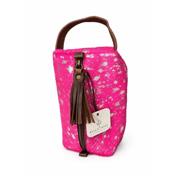 BELLA SOUL Pink / Silver Cowhide Toiletry Bag - Pink/silver