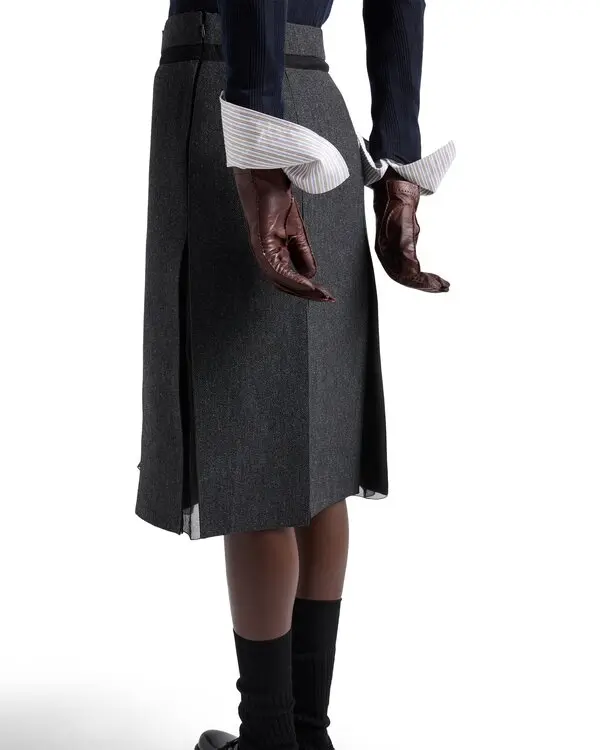 Prada Double Wool Midi Skirt With Chiffon Inserts - Grey