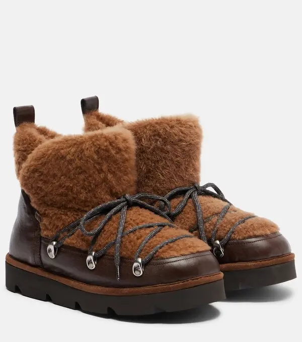 Brunello Cucinelli Monili Leather And Shearling Lace-up Boots - Brown