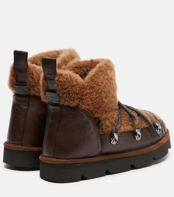 Brunello Cucinelli Monili Leather And Shearling Lace-up Boots