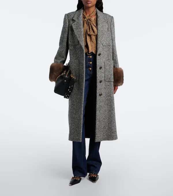 Valentino Garavani Herringbone Shearling-trimmed Wool-blend Coat