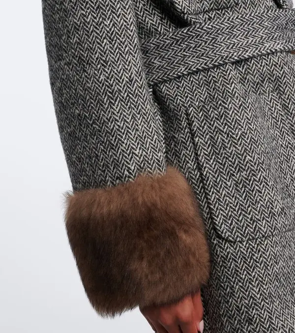 Valentino Garavani Herringbone Shearling-trimmed Wool-blend Coat
