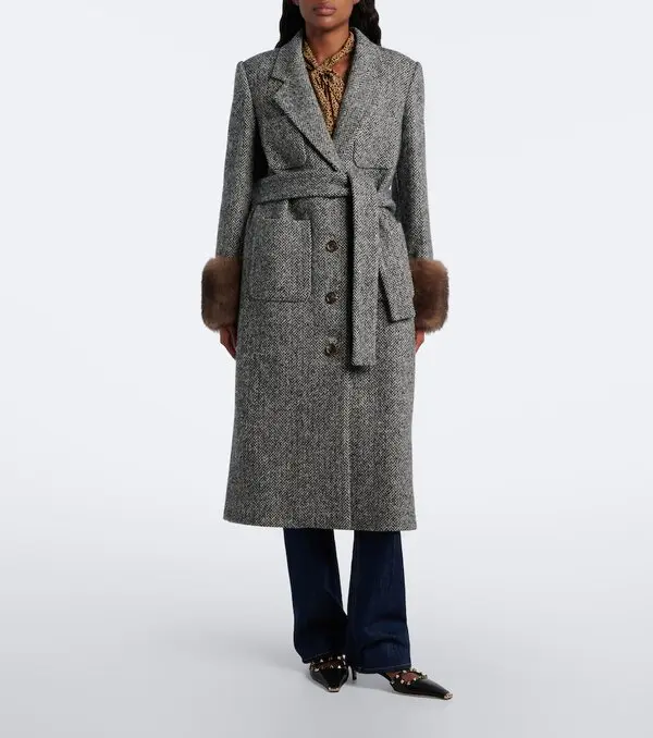 Valentino Garavani Herringbone Shearling-trimmed Wool-blend Coat