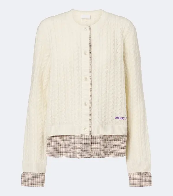 Moncler Cable-knit Checked Wool And Cashmere Cardigan - White