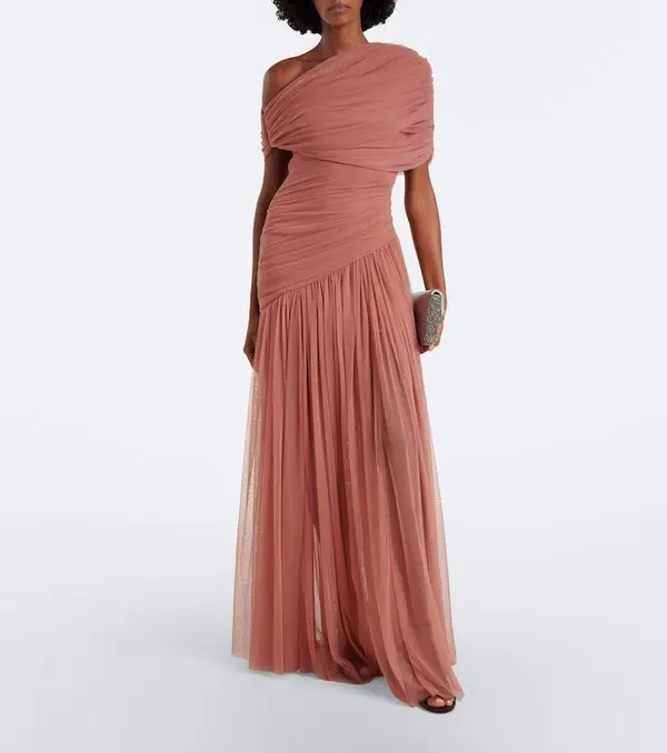 DE LA VALI Himilia Asymmetric Draped Tulle Maxi Dress - Pink