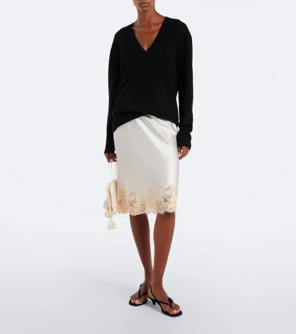 DÔEN Elouvette Lace-trimmed Silk Satin Midi Skirt