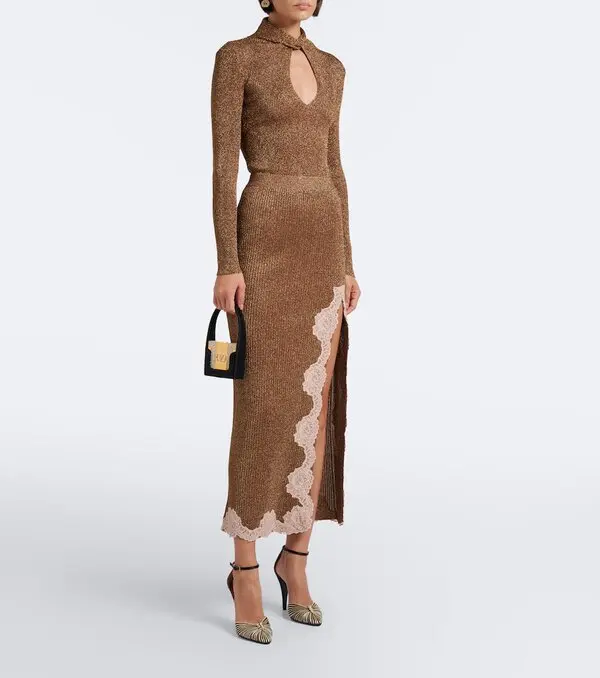 Valentino Garavani Lace-trimmed Ribbed-knit Lamé Maxi Skirt