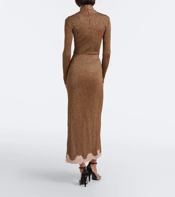 Valentino Garavani Lace-trimmed Ribbed-knit Lamé Maxi Skirt