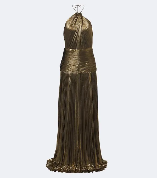 Retrofete Thalia Plissé Halterneck Lamé Gown - Gold