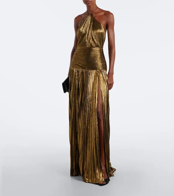 Retrofete Thalia Plissé Halterneck Lamé Gown