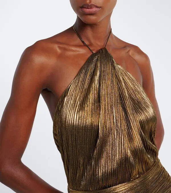 Retrofete Thalia Plissé Halterneck Lamé Gown