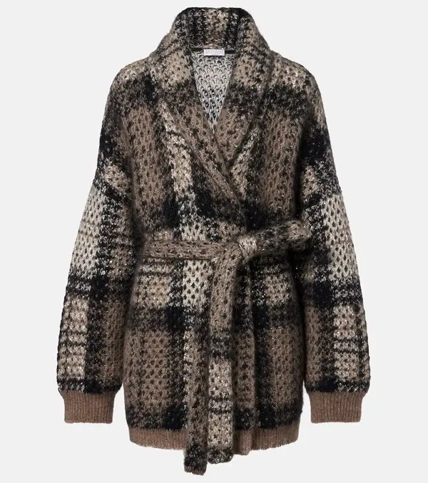 Brunello Cucinelli Checked Sequined Wrap Cardigan - Brown